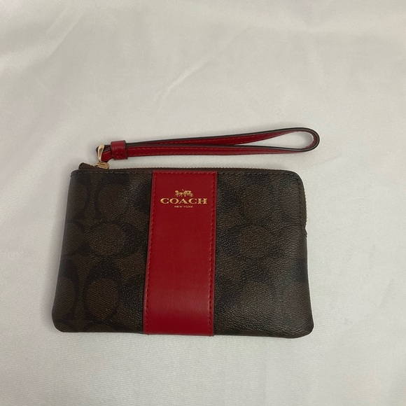 Coach | Bags | Coach Corner Zip Wristlet In Signature Canvas Brown Red ...